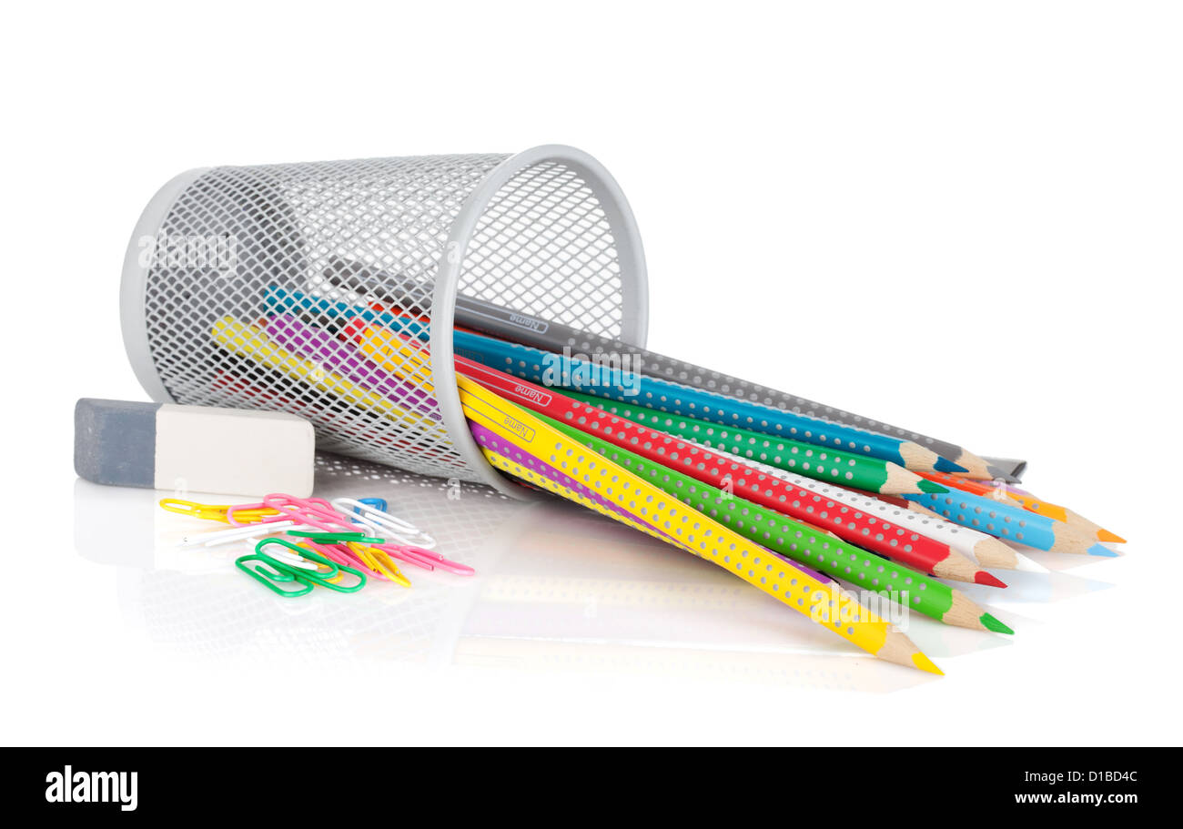 Various colorful pencils and office tools. Isolated on white background ...