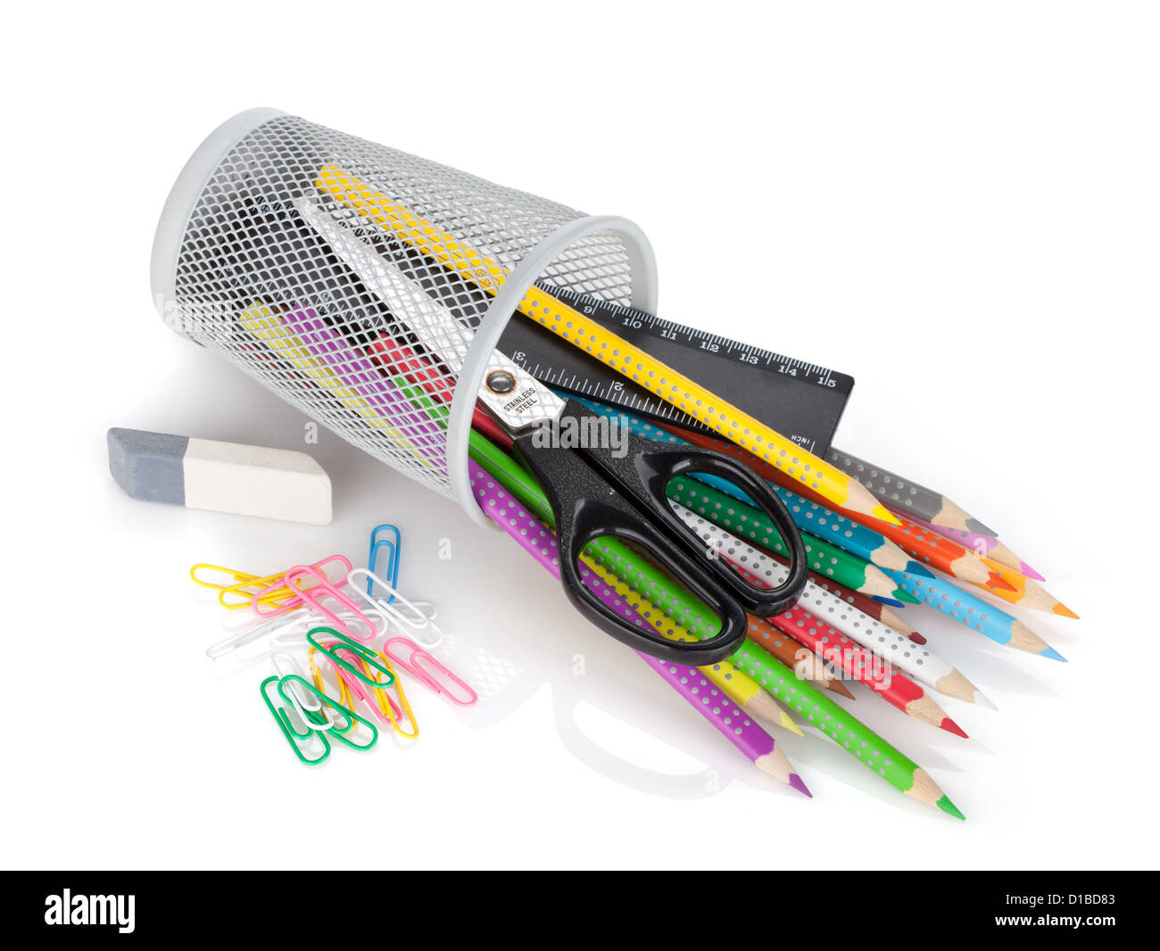 Various colour pencils and office tools. Isolated on white background ...