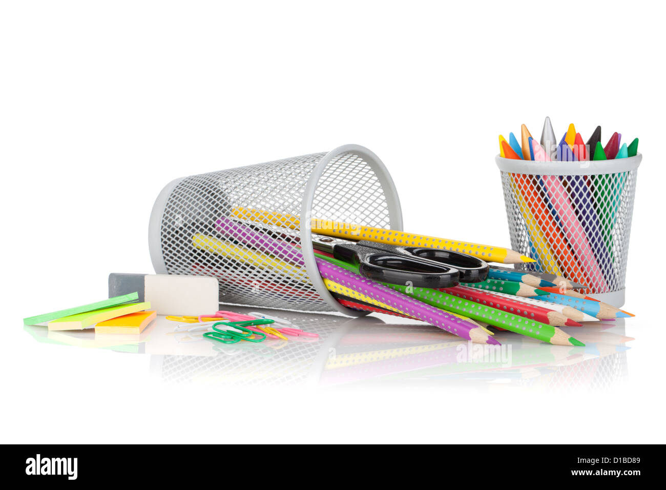 Various colorful pencils and office tools. Isolated on white background ...