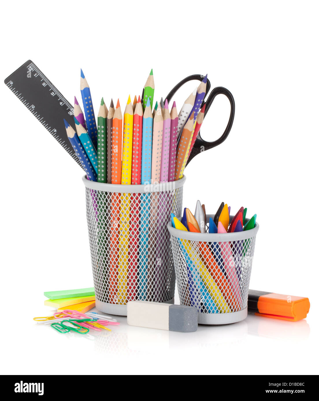 Various colour pencils and office tools. Isolated on white background ...