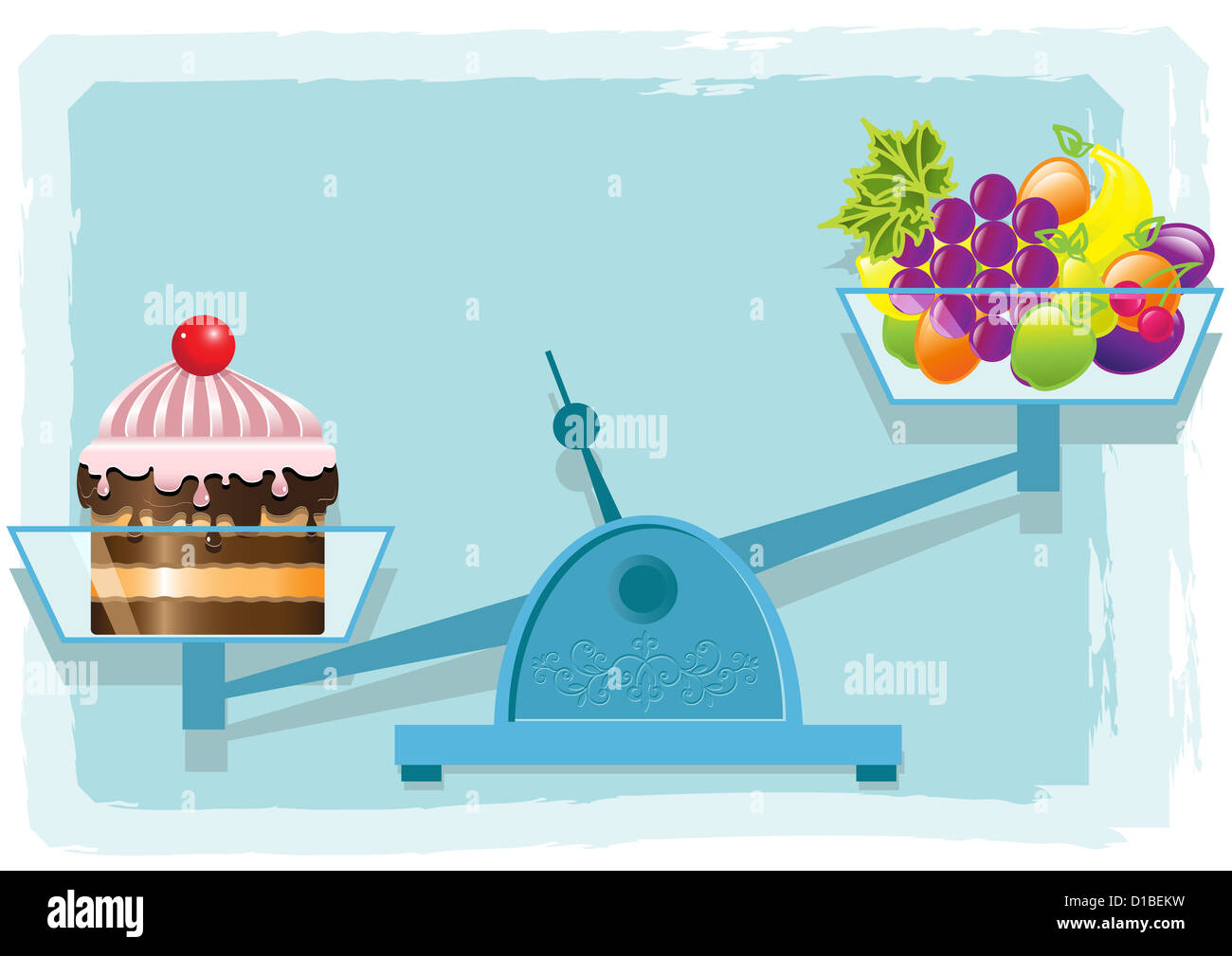 illustration, abstract scales with fruit and fruit cake Stock Photo - Alamy