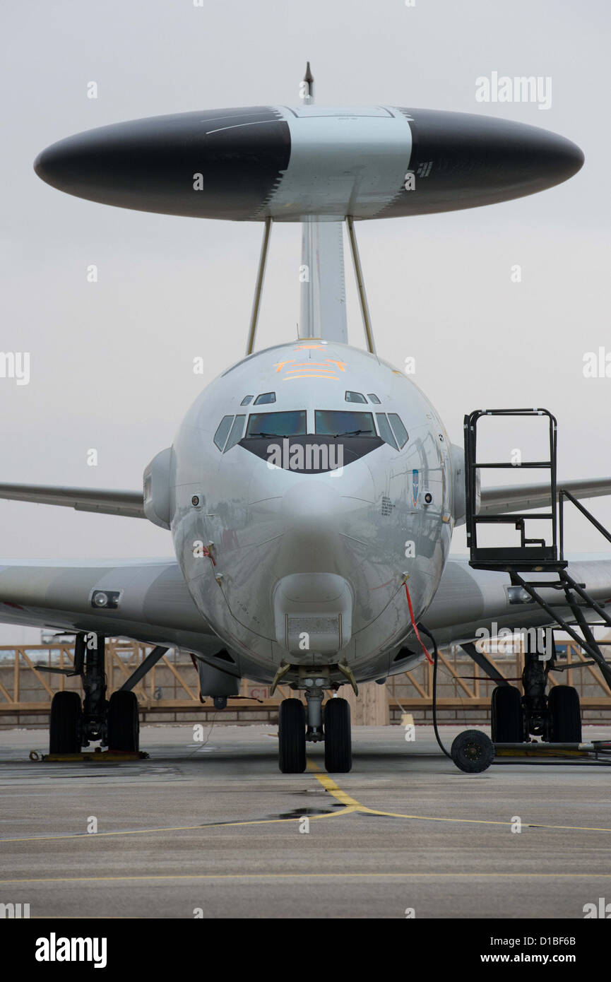 A Nato Awacs radar aircraft stands on the airfield at Camp Marmal in ...