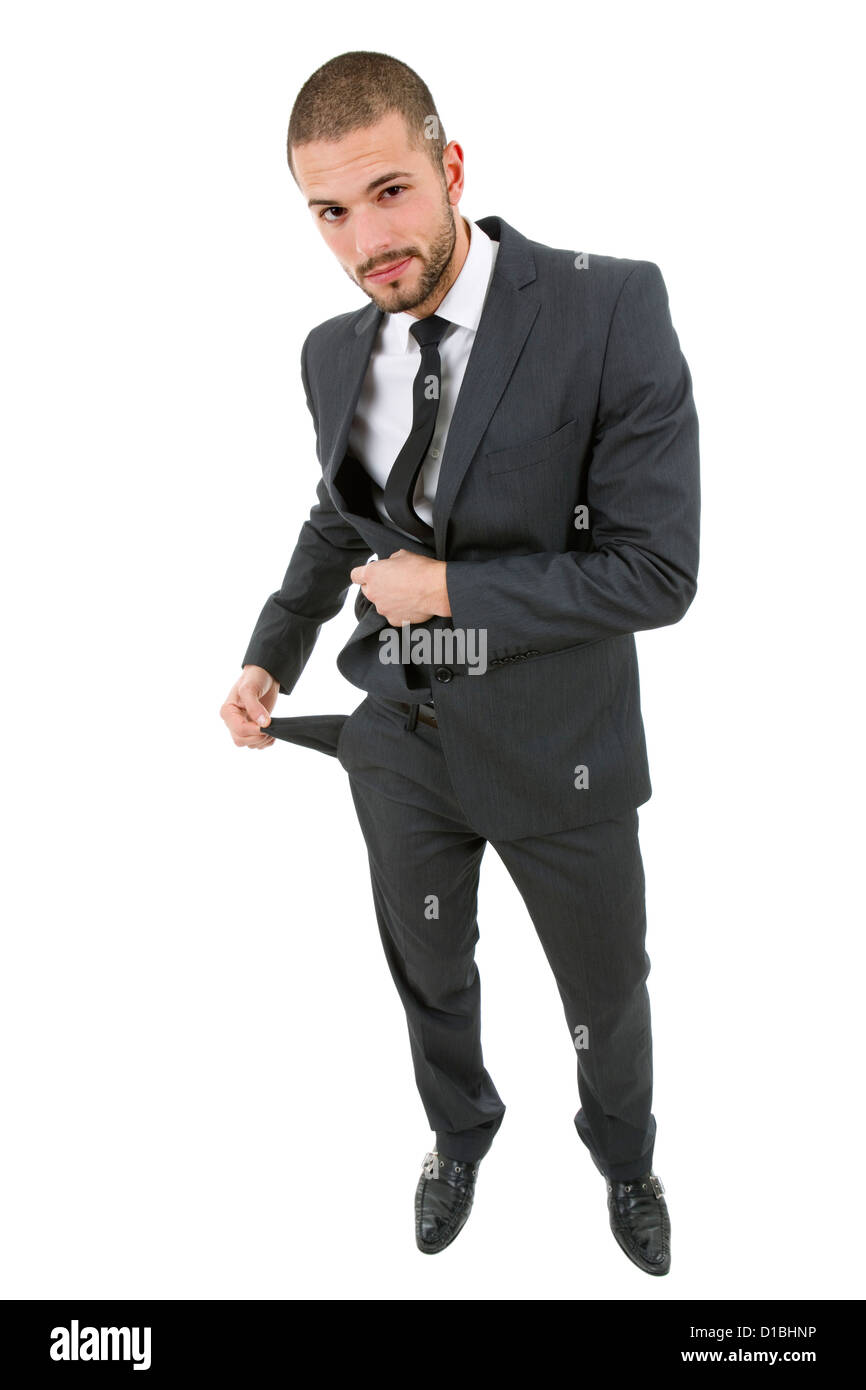 man holding his empty pocket, isolated on white Stock Photo - Alamy