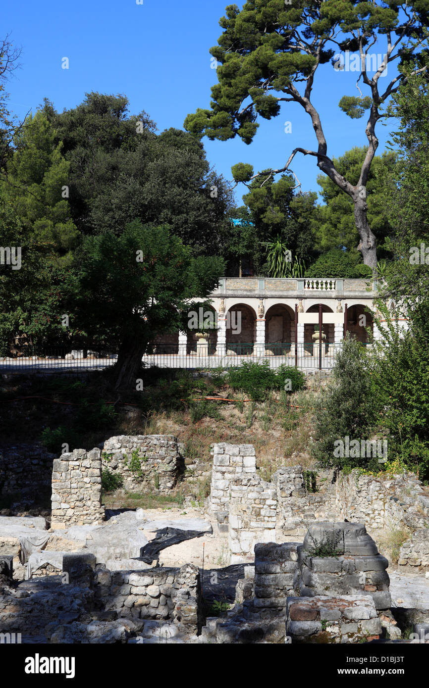 The natural park of La colline du chateau in Nice city with the ruins ...