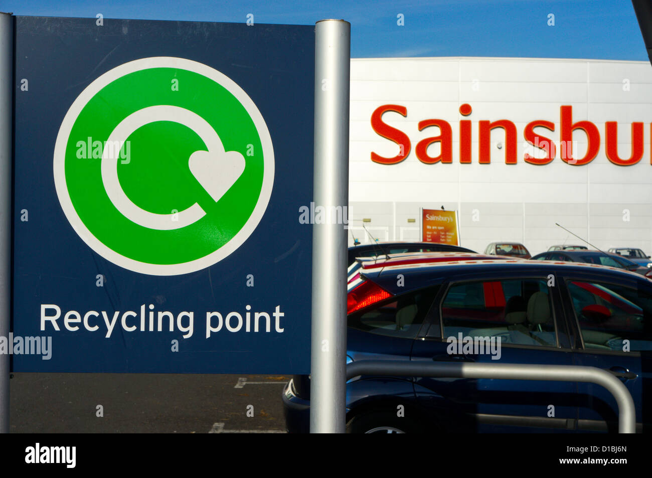 Sign for a recycling point in the car park at a Sainsbury's supermarket ...