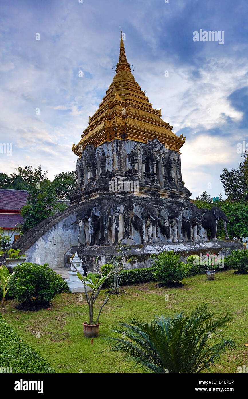 The Chedi decorated with elephants in Wat Chiang Man, the oldest temple ...