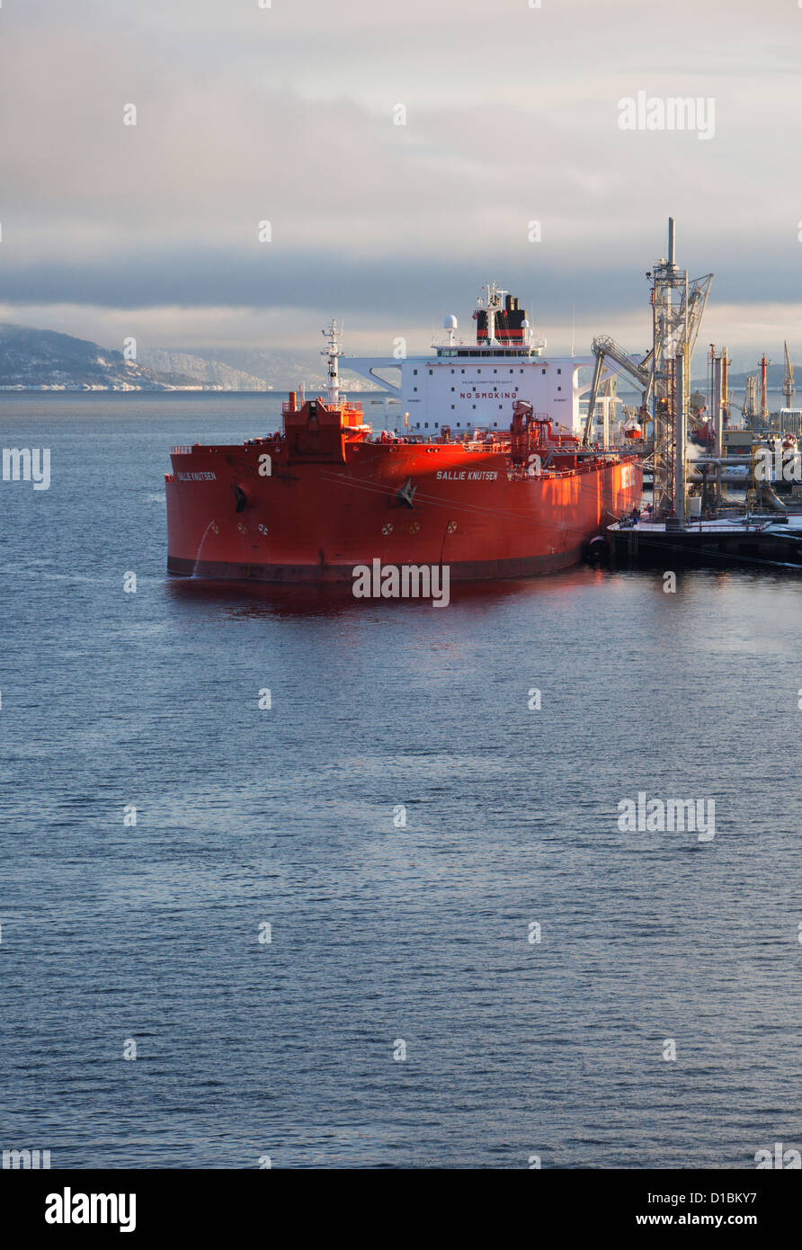 Crude oil tanker loading or discharging at Mongstad refinery, Norway ...