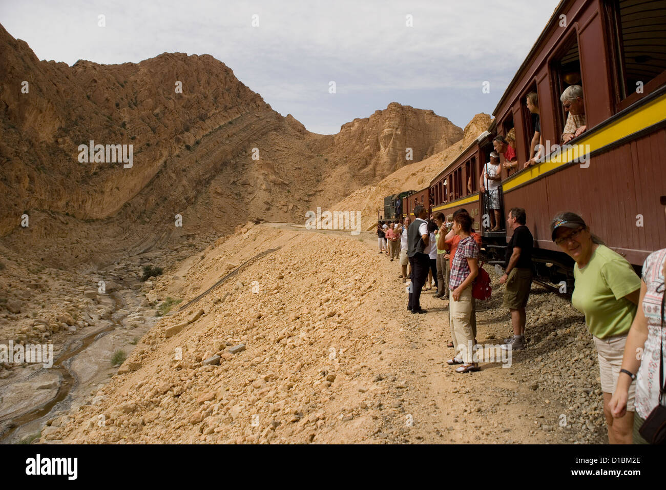 View of the Red Lizard train stopped in the Seldja Gorge from Metlaoui ...