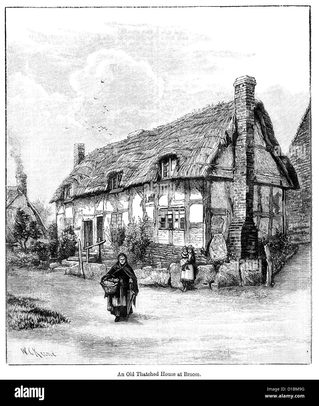 Victorian engraving of an old thatched house or Cottage at Broom ...