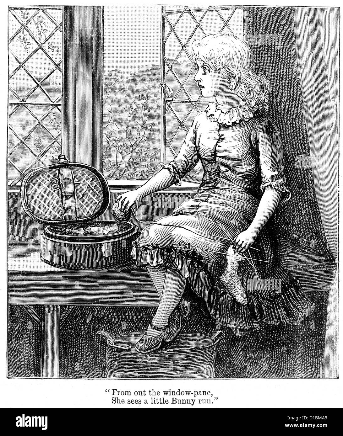 Victorian engraving of a little girl knitting, 1897 Stock Photo - Alamy