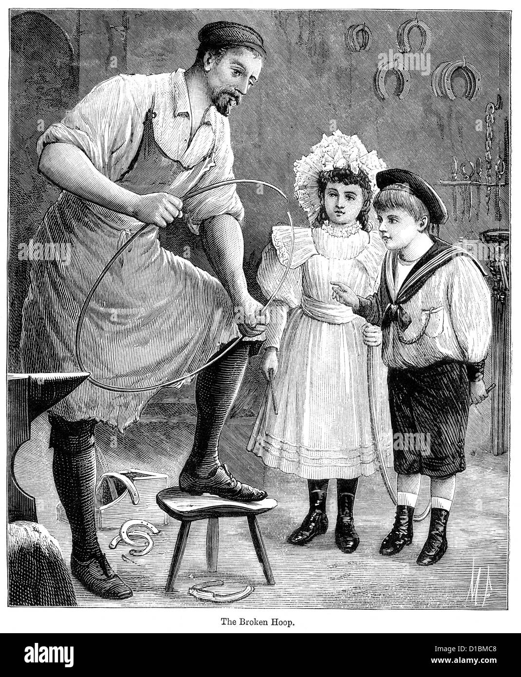 Victorian engraving of a blacksmith mending a child's toy hoop, 1897 ...