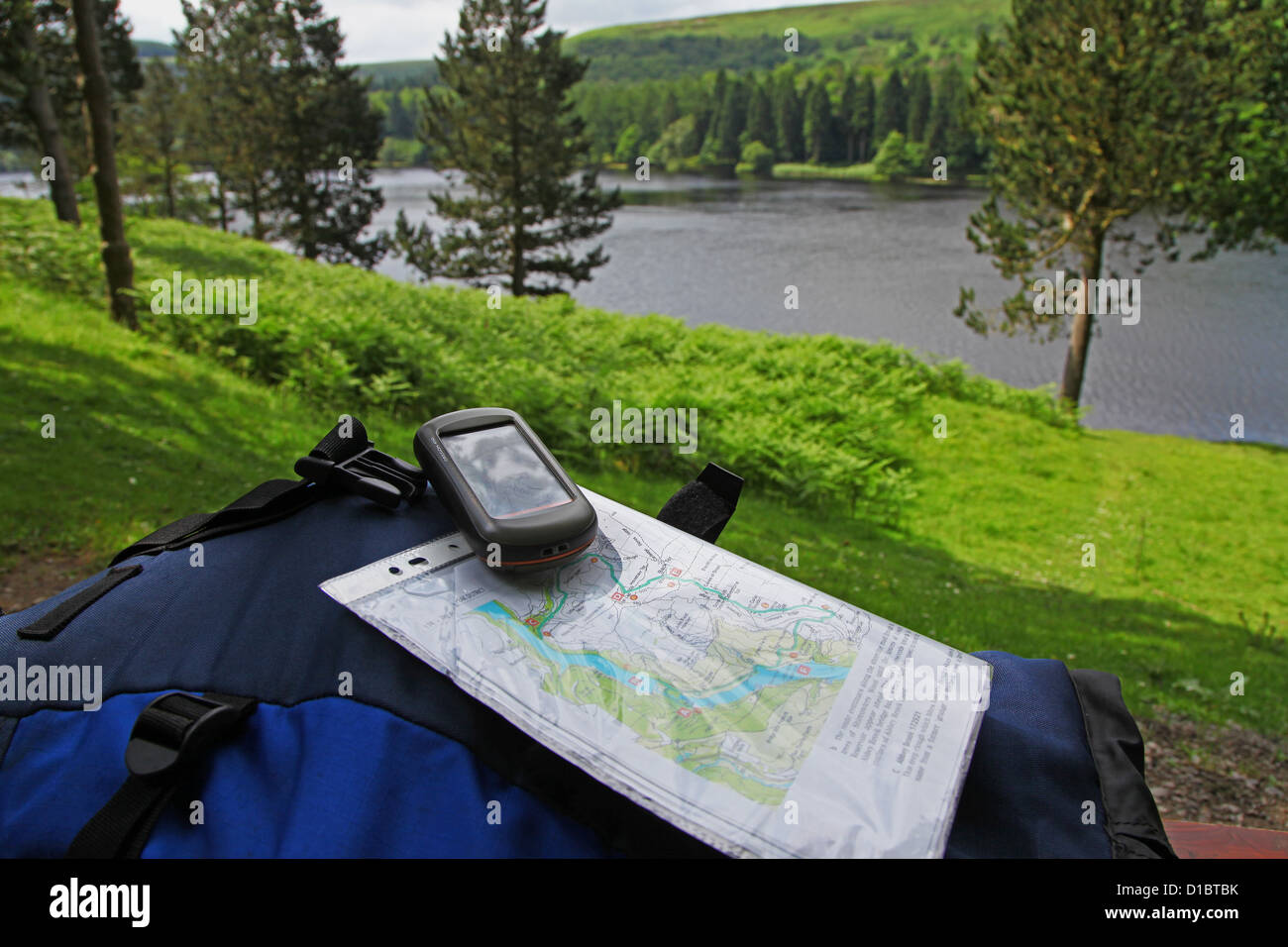 A GPS and an OS map on a rucksack at Derwent Reservoir Upper Derwent ...