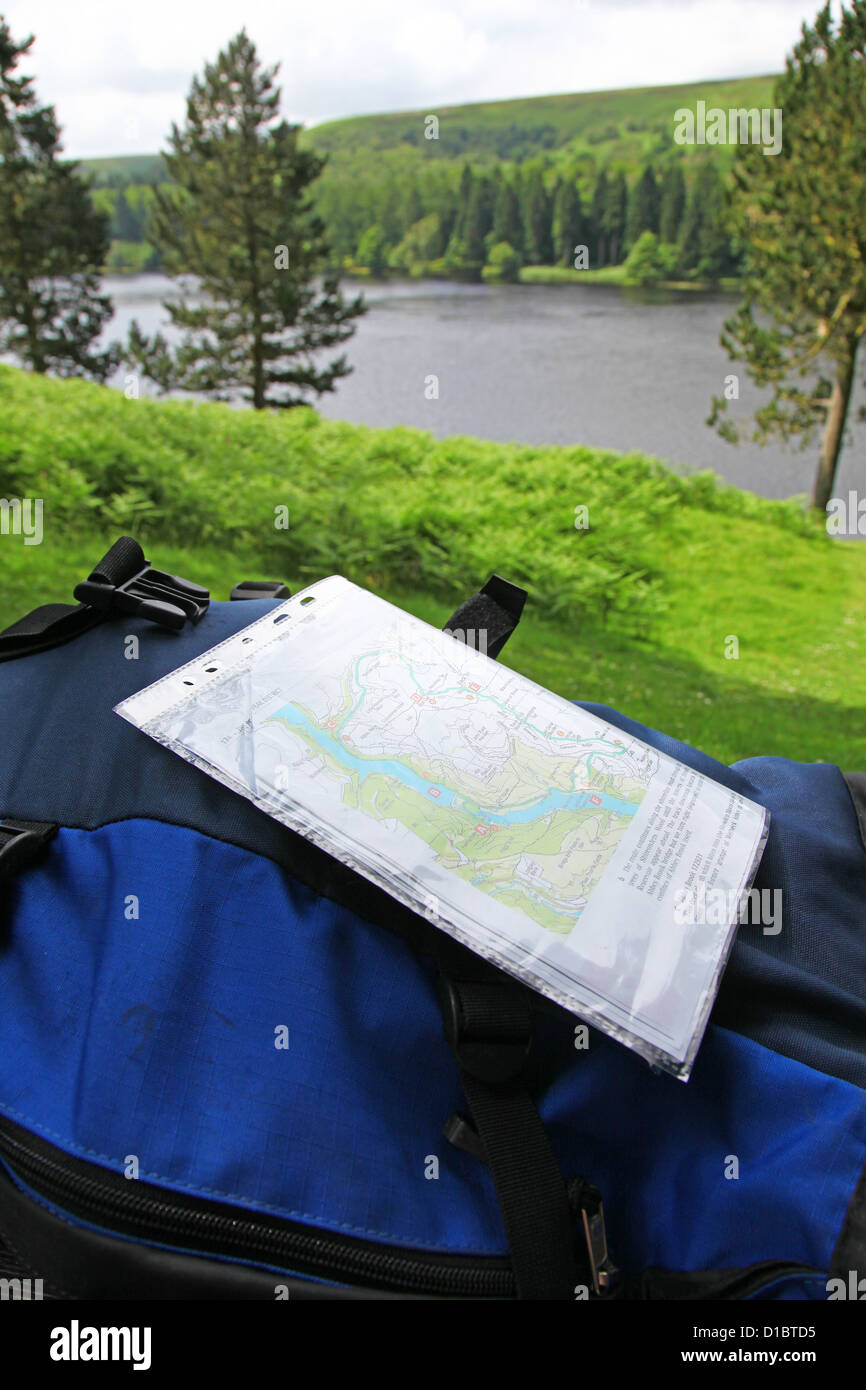 An Ordnance Survey map on a rucksack at Derwent Reservoir Upper Derwent ...