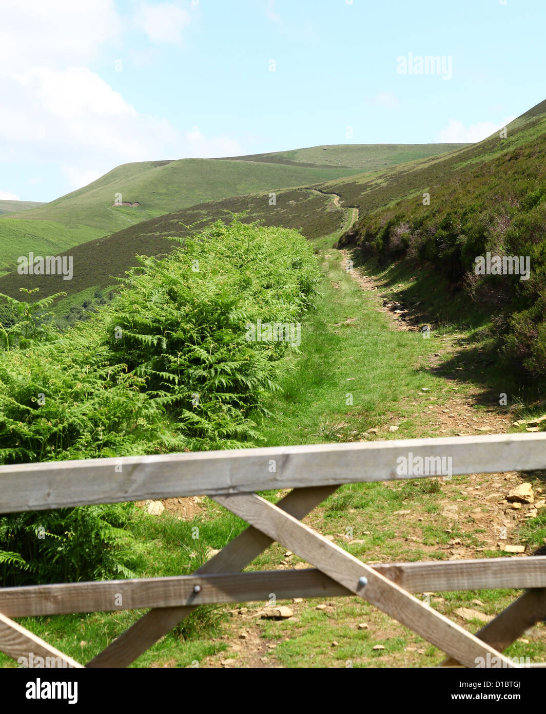 A five barred gate on a footpath at Little Howden Moor on the High Peak ...