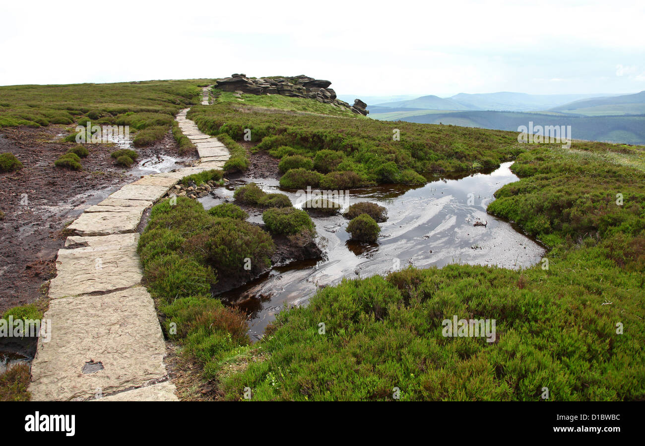 Paved path Derwent Edge Millstone Grit escarpment Dark Peak District ...