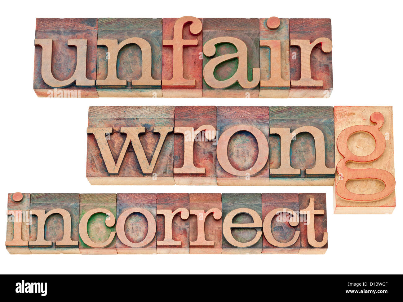 unfair, wrong, incorrect - negative words - isolated text in vintage ...