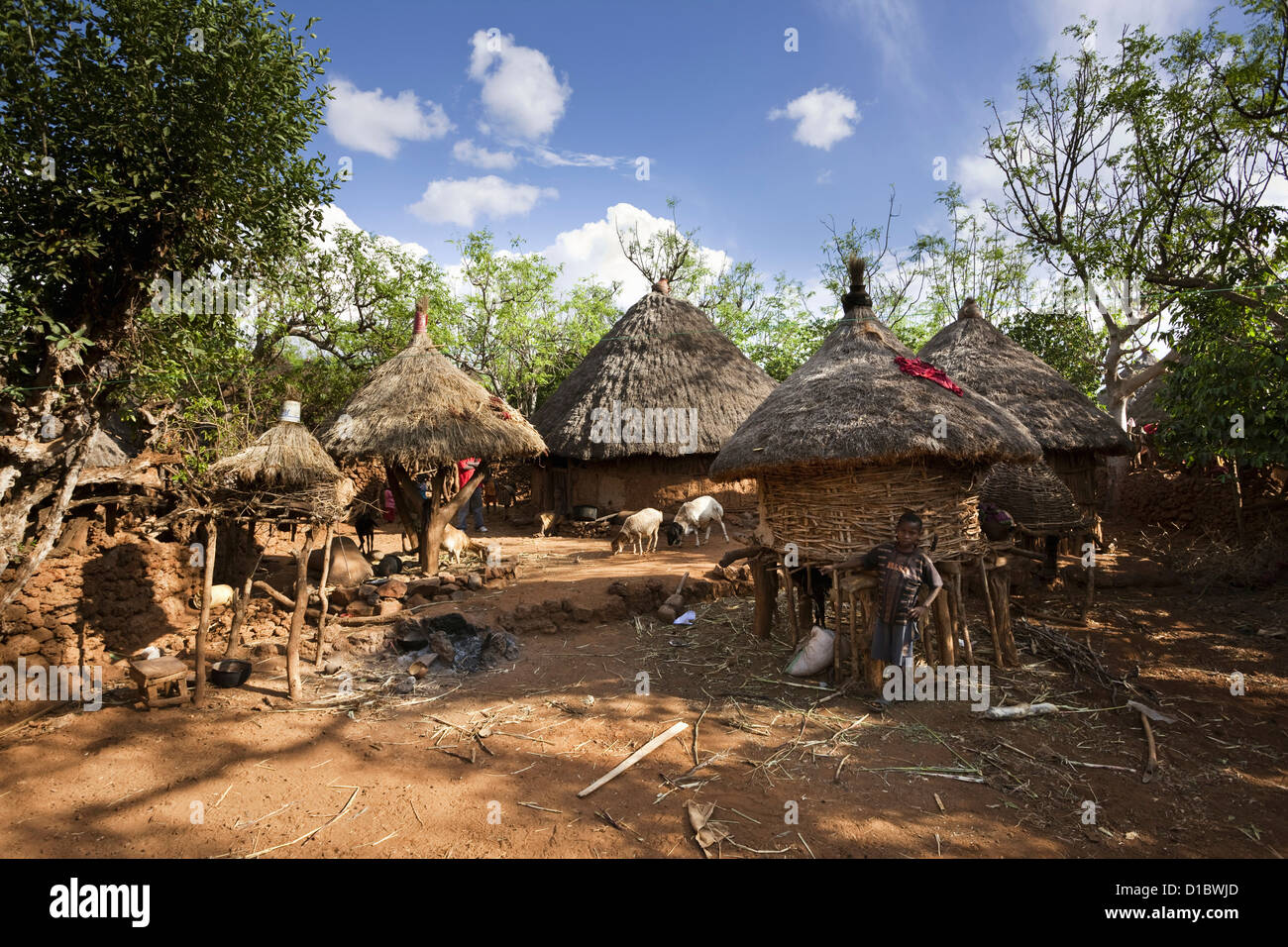 Traditional Konso village on a mountain ridge overlooking the rift ...
