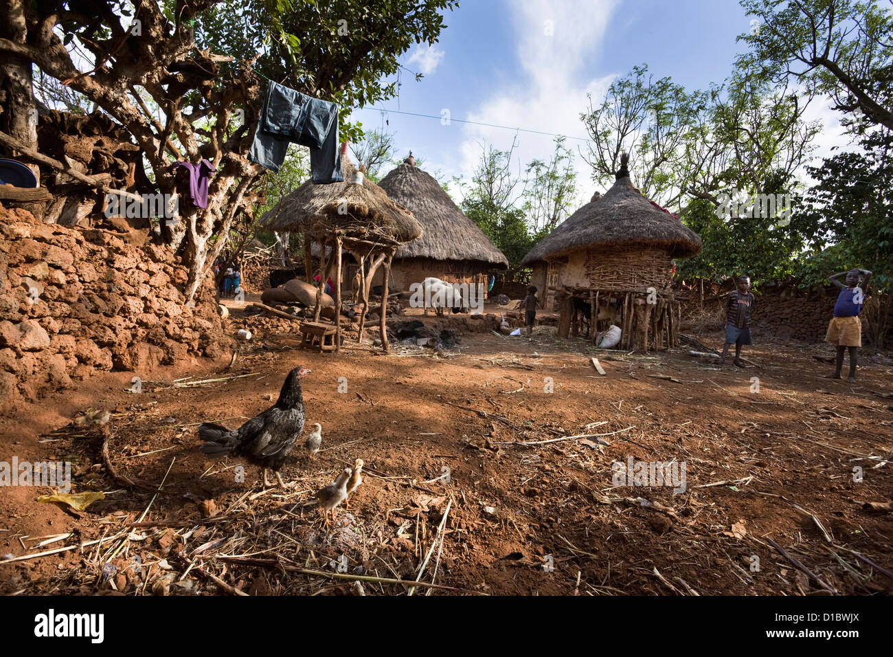 Traditional Konso village on a mountain ridge overlooking the rift ...