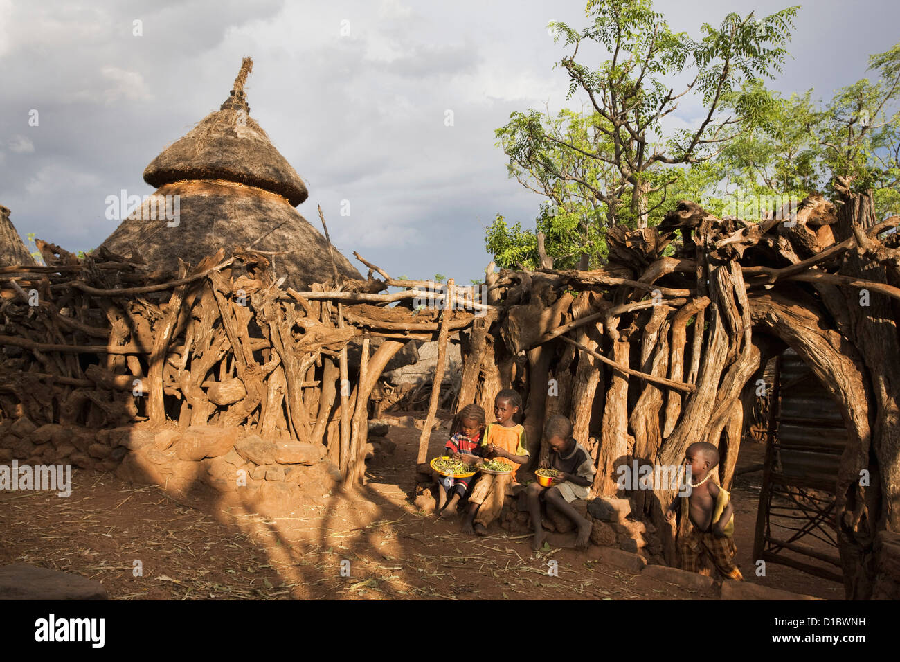 Traditional Konso village on a mountain ridge overlooking the rift ...