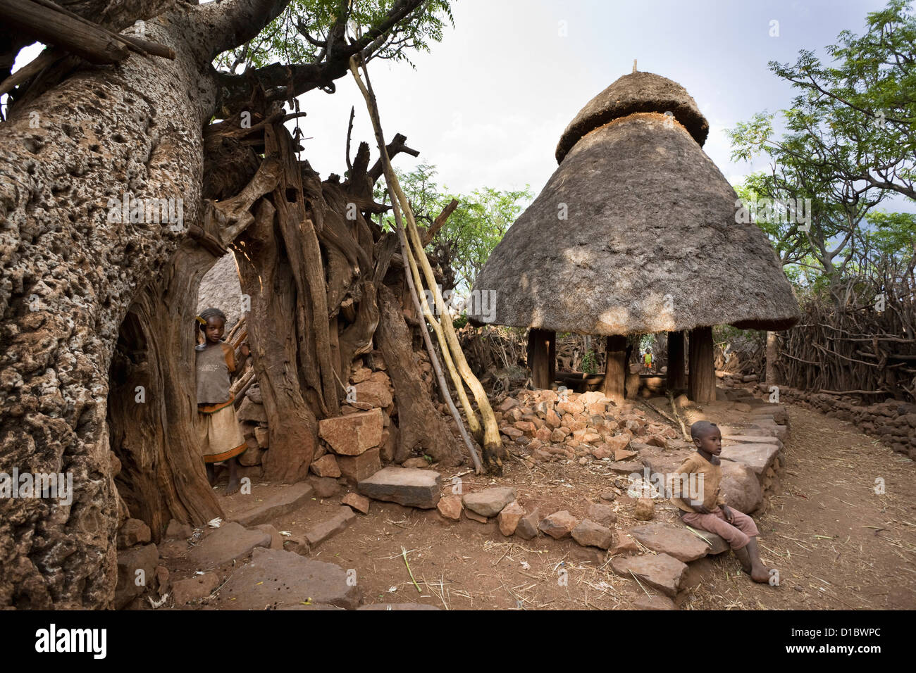 Traditional Konso village on a mountain ridge overlooking the rift ...