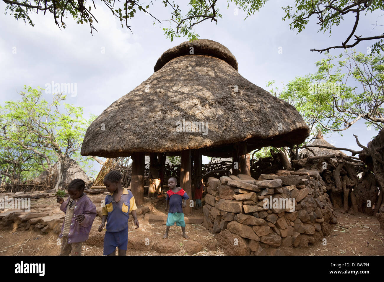 Traditional Konso village on a mountain ridge overlooking the rift ...