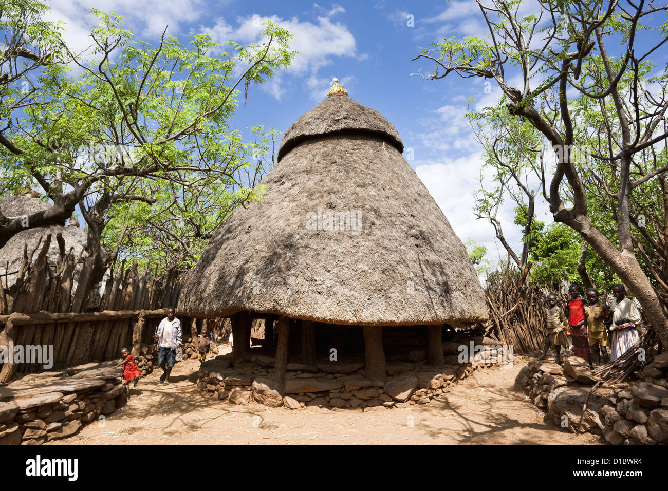 Traditional Konso village on a mountain ridge overlooking the rift ...