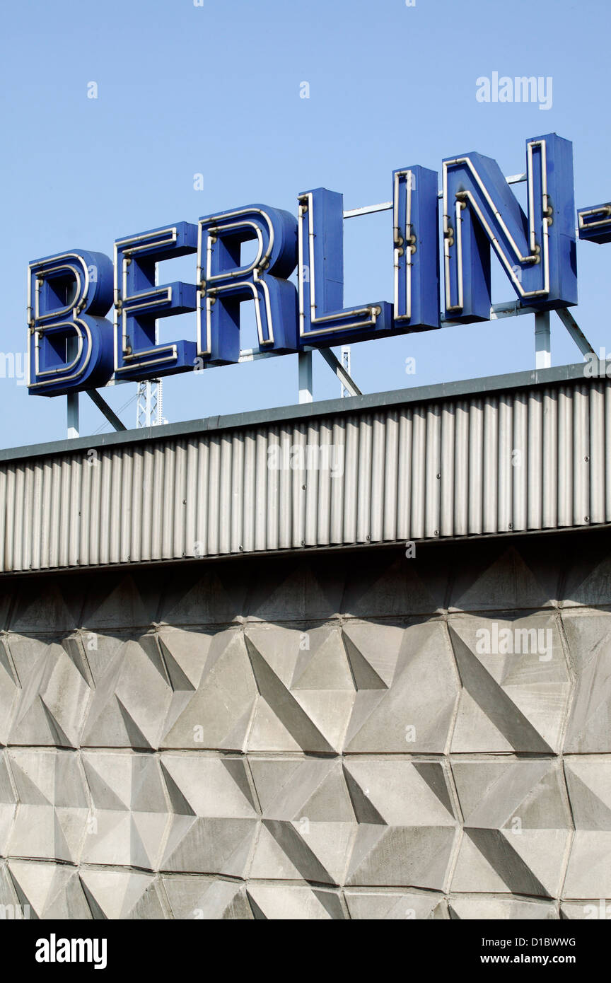 Berlin, Germany, Berlin as the letters neon lettering on station ...