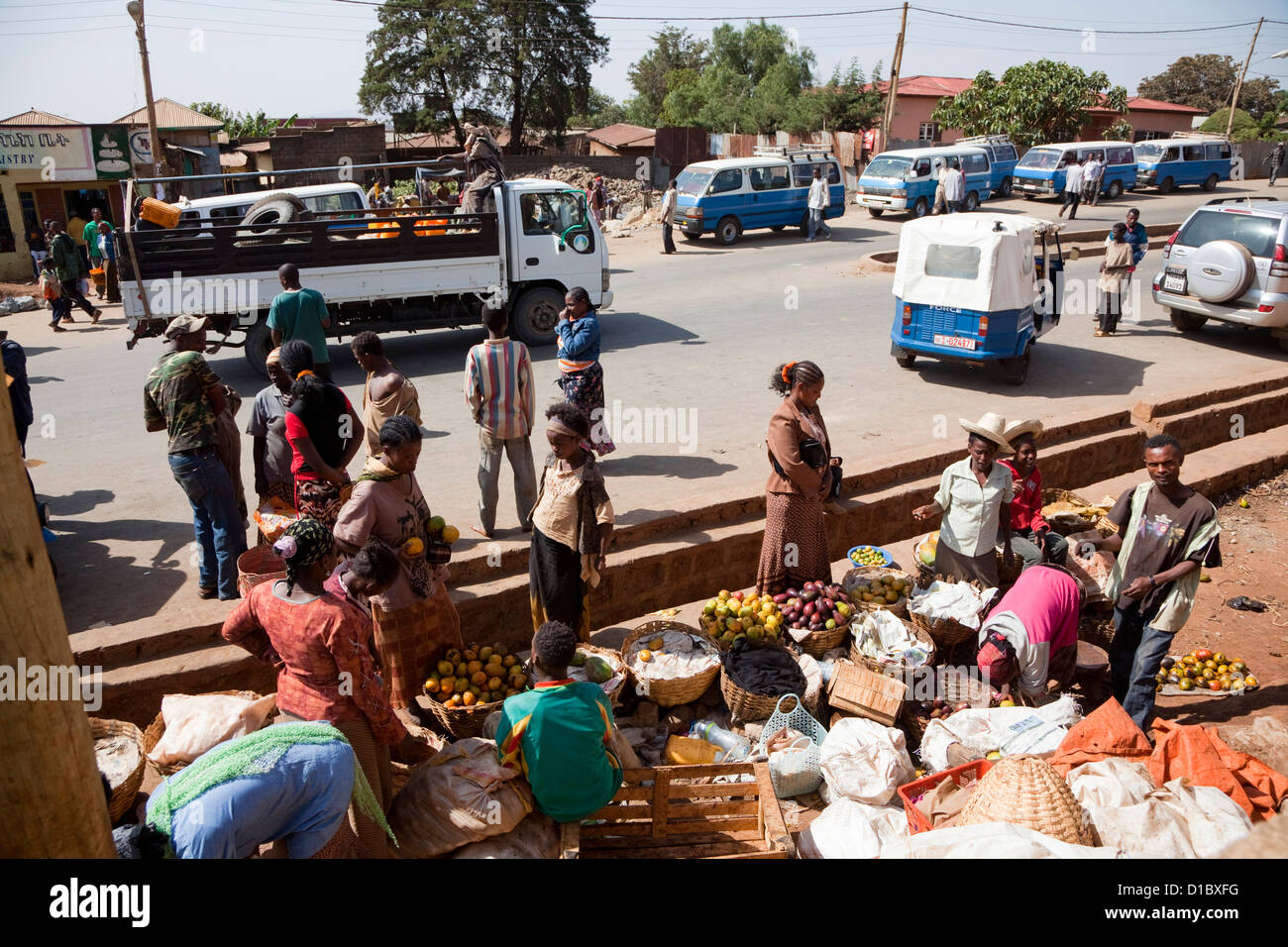 Main street in Sodo, a rift valley town in Ethiopia. Street market for ...