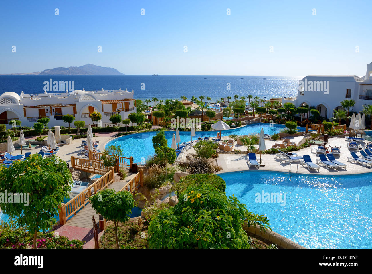 The beach with swimming pools at luxury hotel, Sharm el Sheikh, Egypt ...