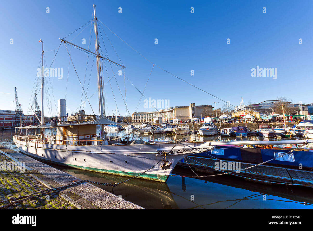 Boats moored on Floating Harbour Hannover Quay in Bristol England, UK ...