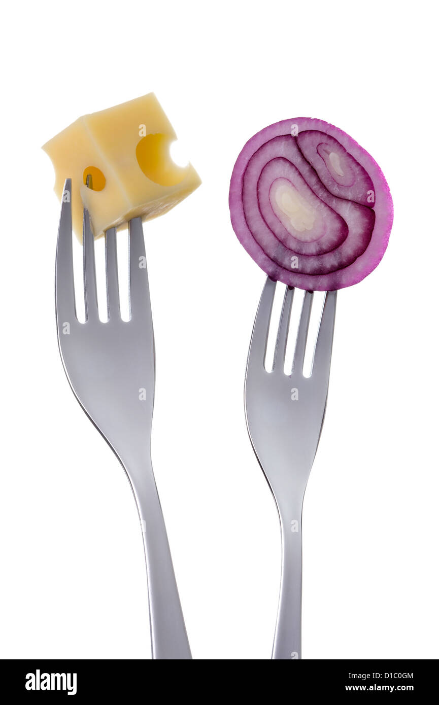 cheese and onion - sliced red onion and emmental cheese cube on forks ...