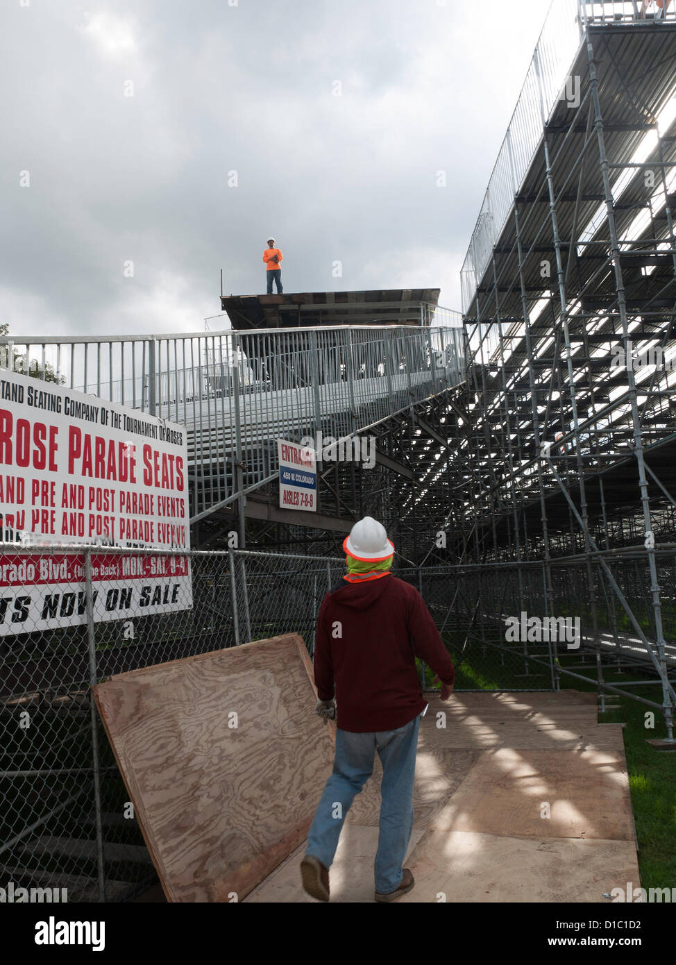 Worker prepares seating on December 14, 2012 for Tournament of Roses ...