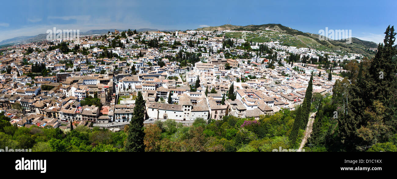 Panoramic view of the rooftops on the hills in the town of Granada ...
