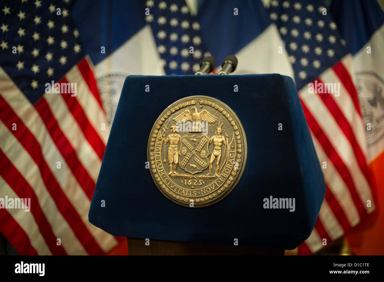 The Mayor's podium at a bill signing ceremony in the Blue Room in City ...