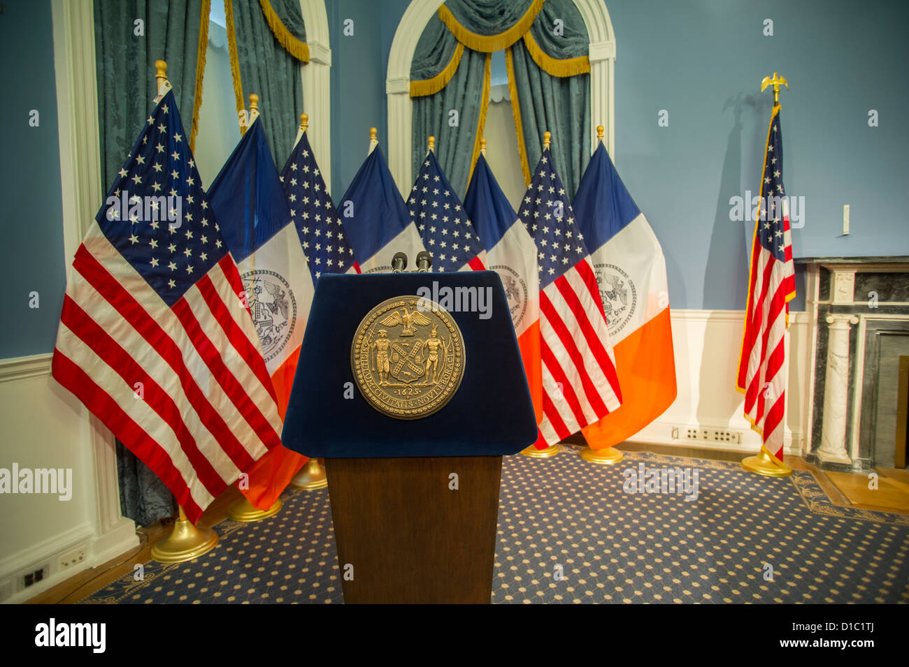 The Mayor's podium at a bill signing ceremony in the Blue Room in City ...