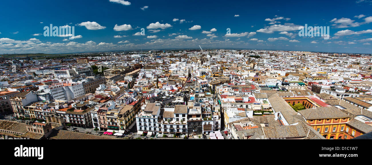 Aerial panoramic overview of the city buildings of Seville, Spain with ...