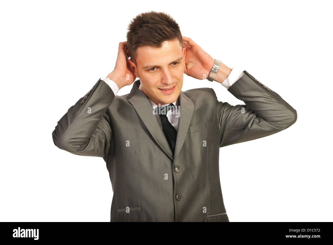 Stressed business man looking down isolated on white background Stock ...