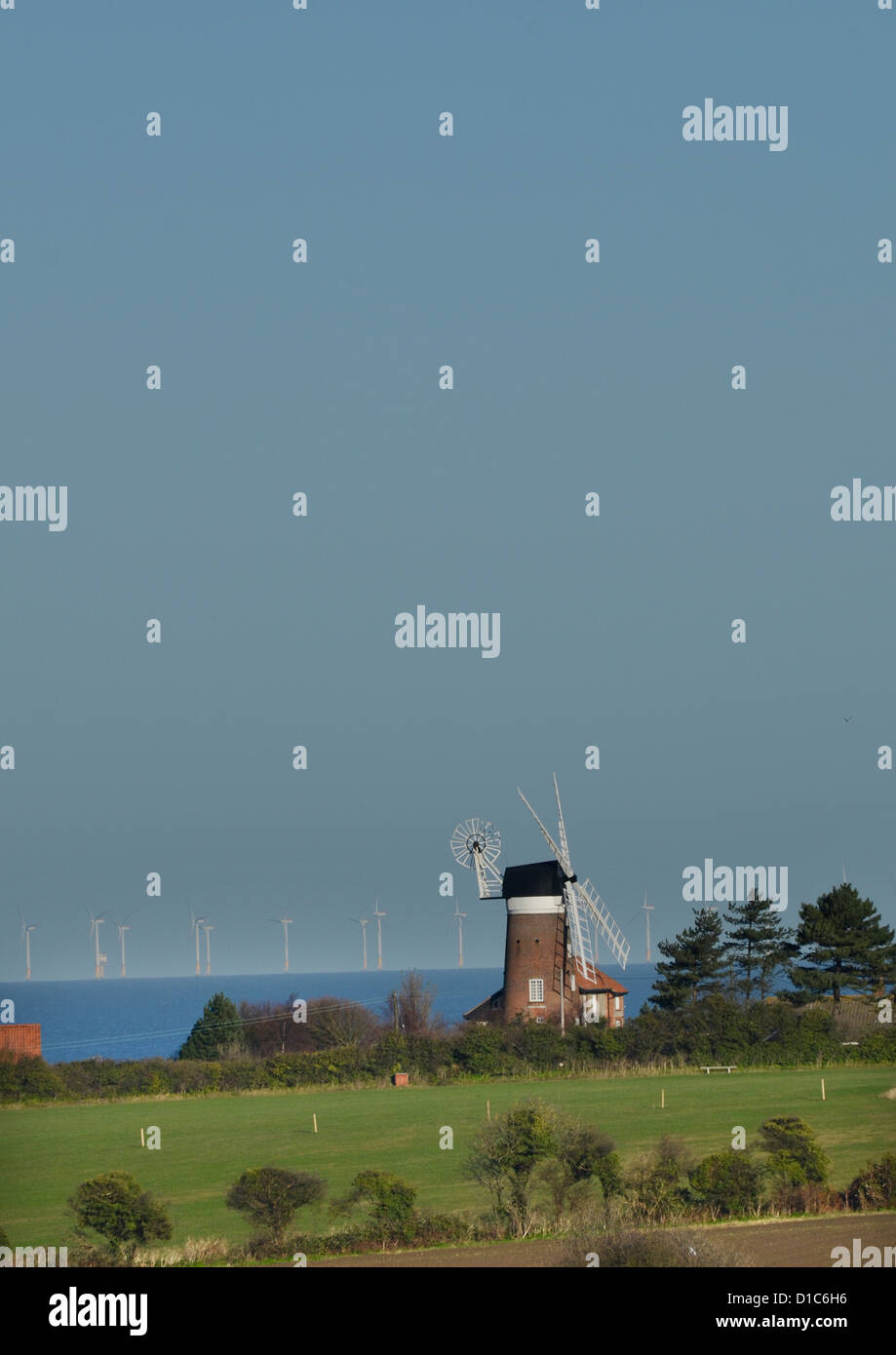weybourne windmill juxtaposed with offshore wind turbines Stock Photo ...