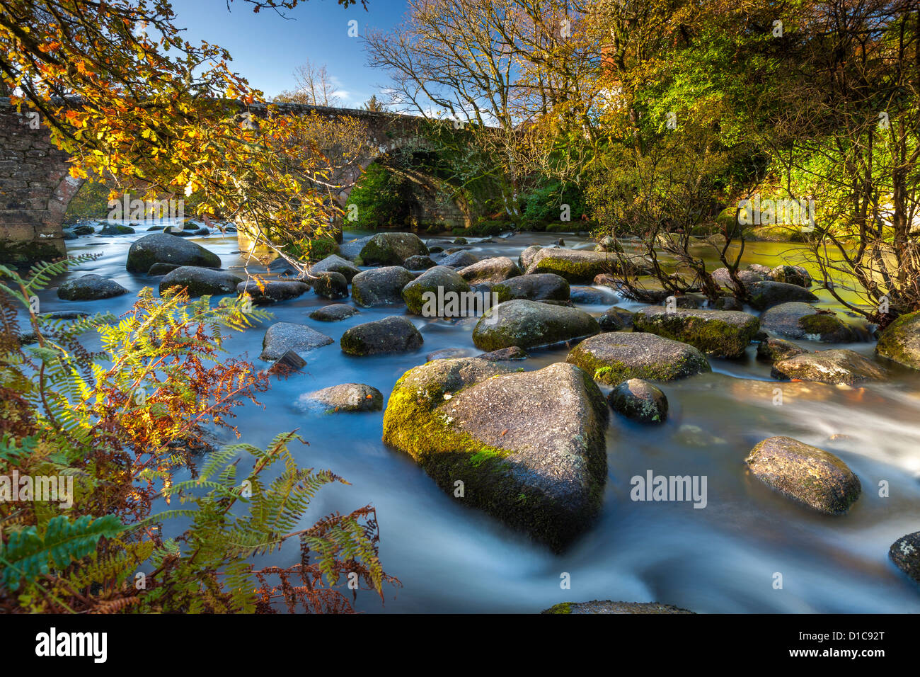 Dartmeet Bridge over the East Dart River flowing through woodland in ...