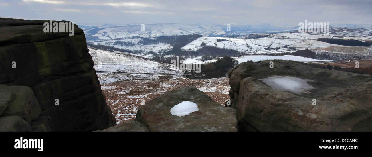 panoramic image, Wintertime on Burbage Rocks, Peak District National ...