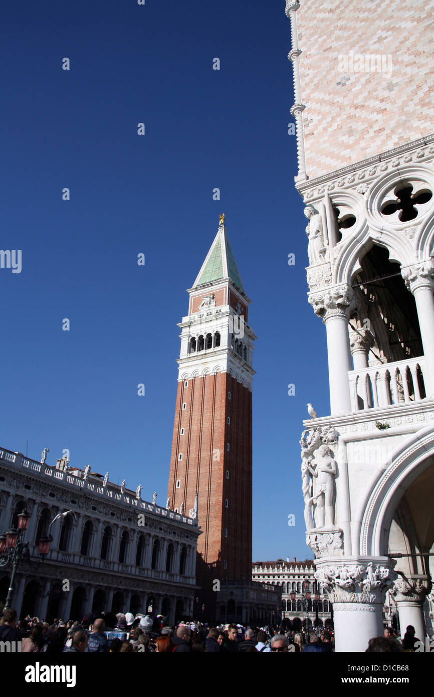 St. Mark’s Campanile under sunny blue sky, Venice, Italy, low angle ...