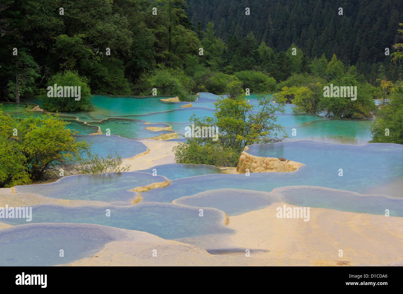 Pools formed by calcite deposits in Huanglong nature reserve literally ...