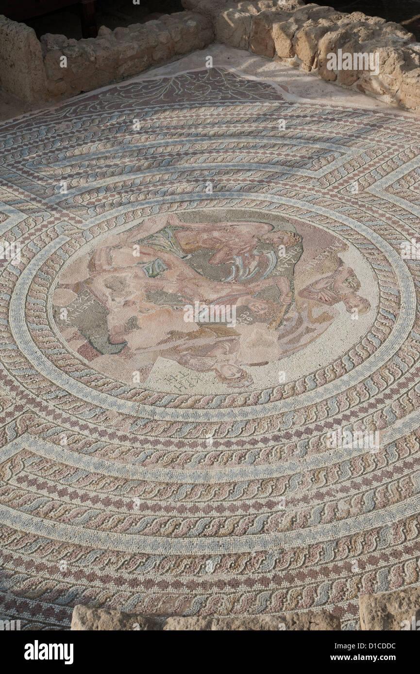 Paphos Mosaics. Theseus and the Minotaur mosaic at Pafos Cyprus Stock ...