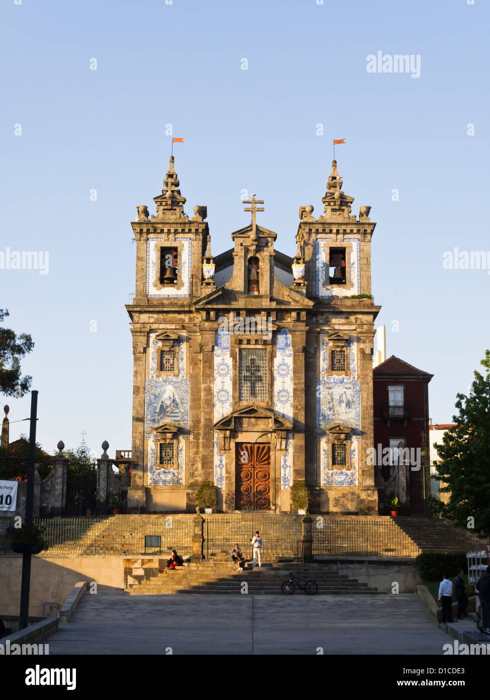 Tiled bell towers and facade of the Porto Portugal Romanesque Cathedral ...