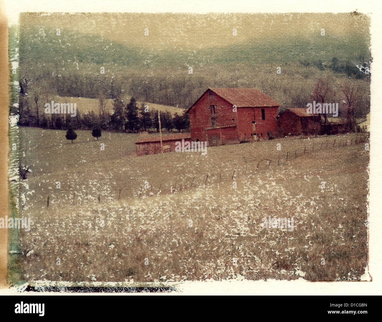 farm scene with red barn. polaroid transfer. ©mak Stock Photo - Alamy