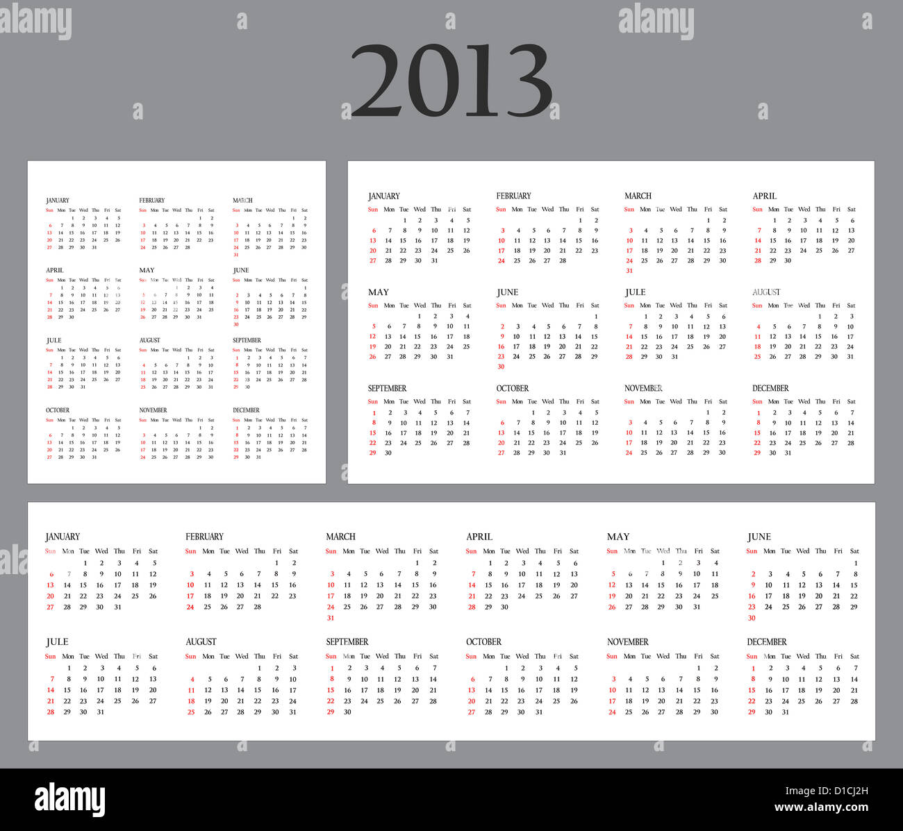 Set of Template Calendars for 2013. Weeks start on Sunday Stock Photo ...