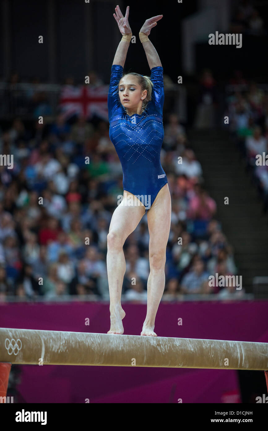 Victoria Komova (RUS) competing on the balance beam during the Women's ...