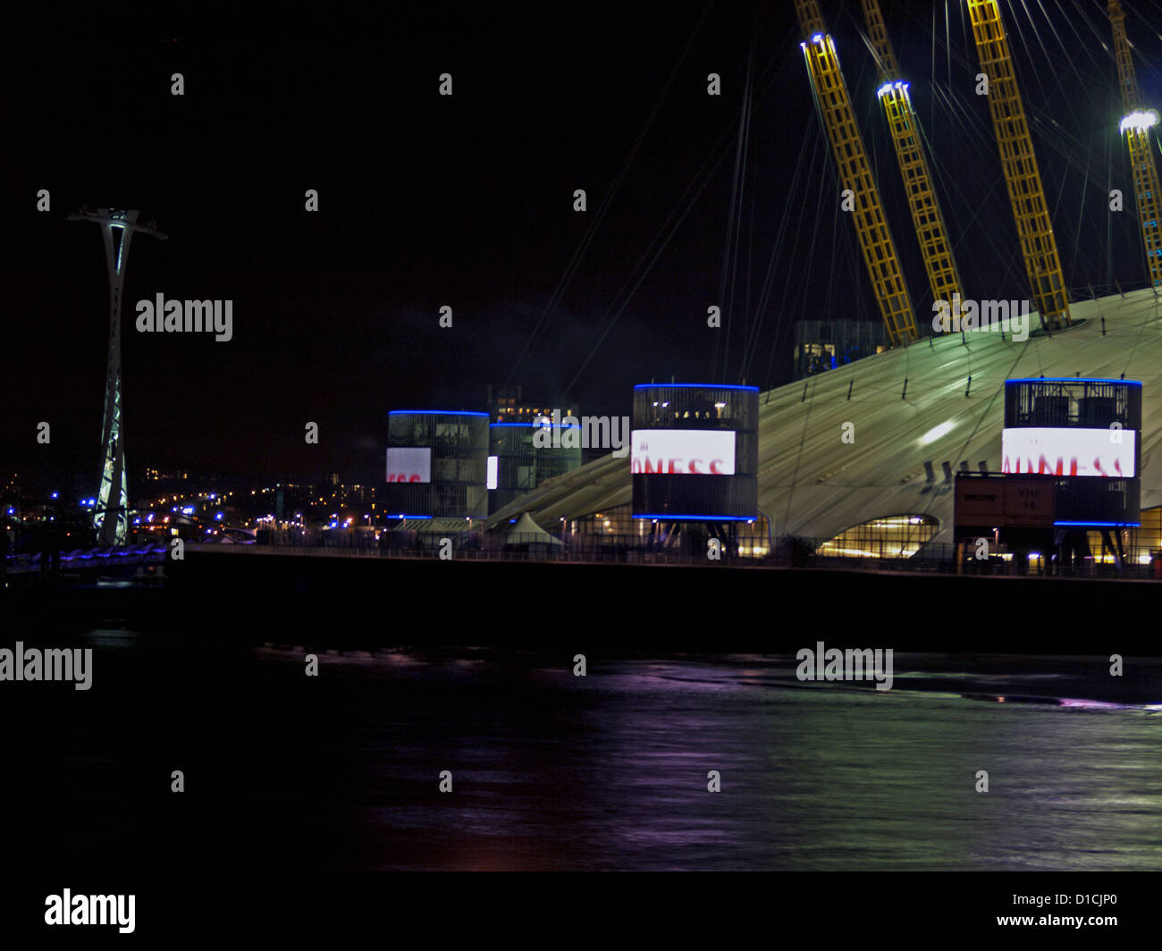 Night view of the 02 Arena showing River Thames in foreground, North ...