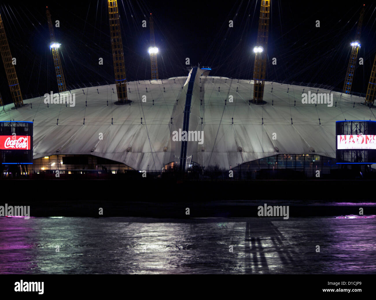 Night view of the 02 Arena showing River Thames in foreground, North ...