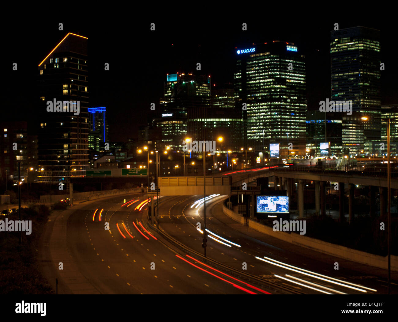 View of Canary Wharf skyscrapers at night from East India DLR Station ...